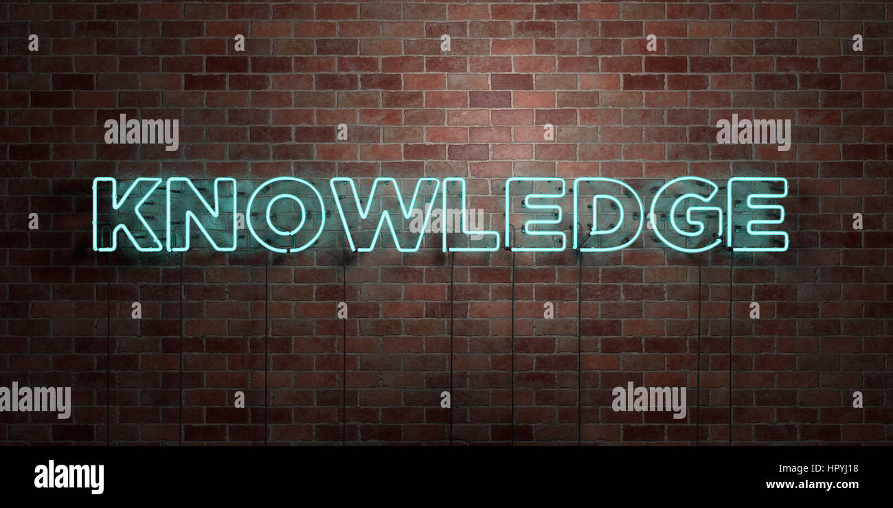 KNOWLEDGE - fluorescent Neon tube Sign on brickwork - Front view - 3D ...