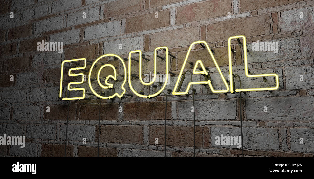 EQUAL - Glowing Neon Sign on stonework wall - 3D rendered royalty free ...