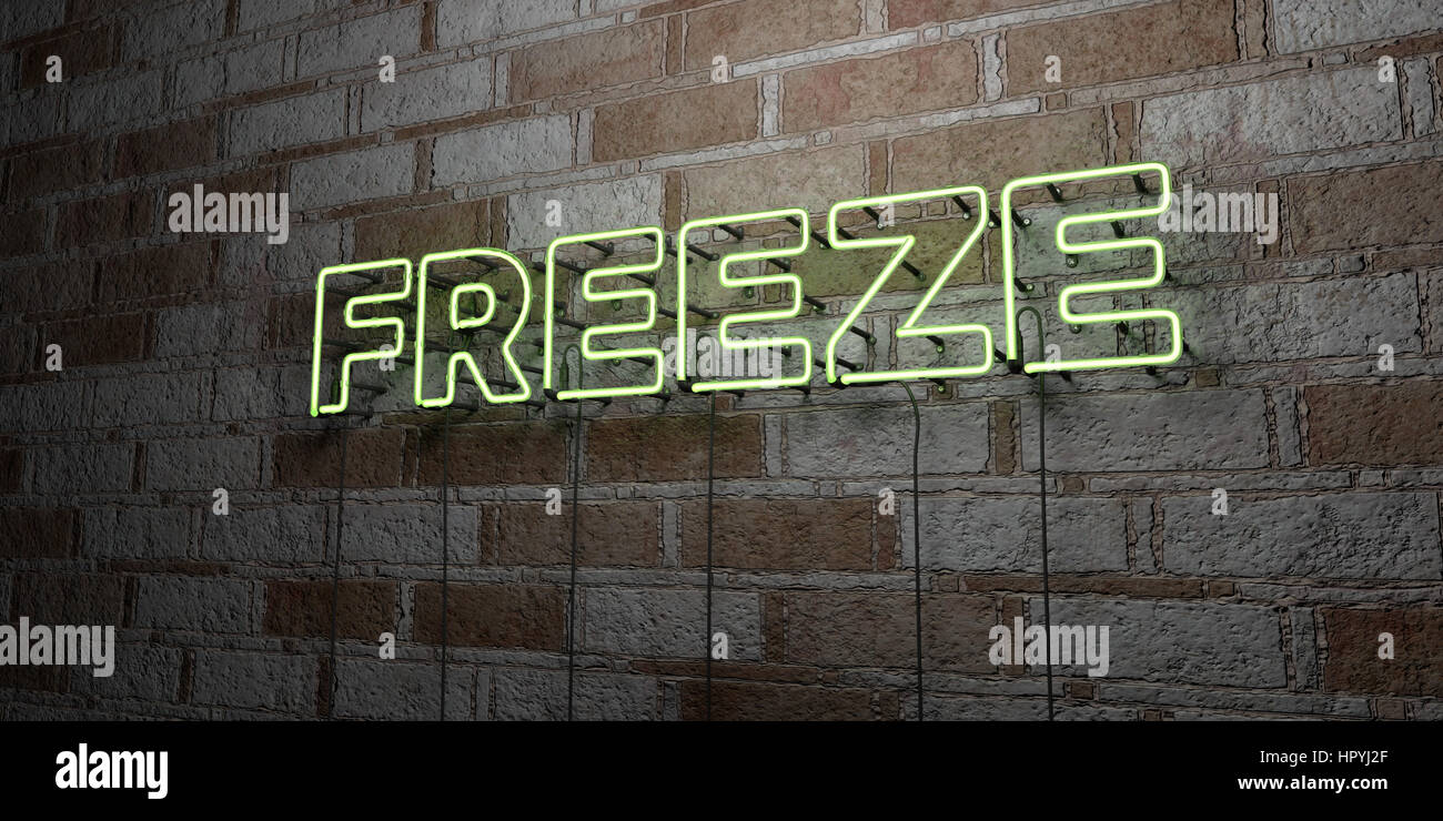 FREEZE - Glowing Neon Sign on stonework wall - 3D rendered royalty free ...