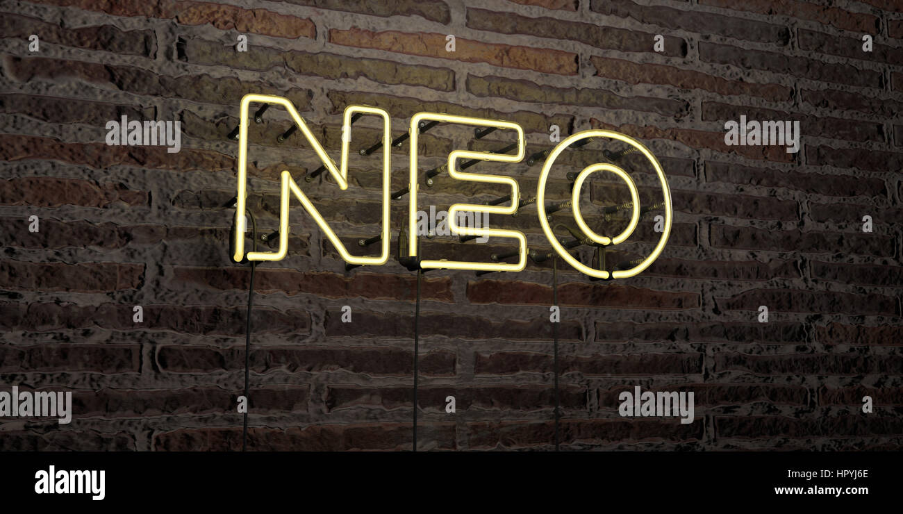 NEO -Realistic Neon Sign on Brick Wall background - 3D rendered royalty ...