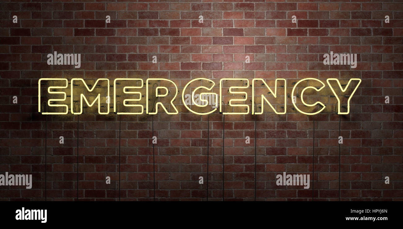 EMERGENCY - fluorescent Neon tube Sign on brickwork - Front view - 3D ...