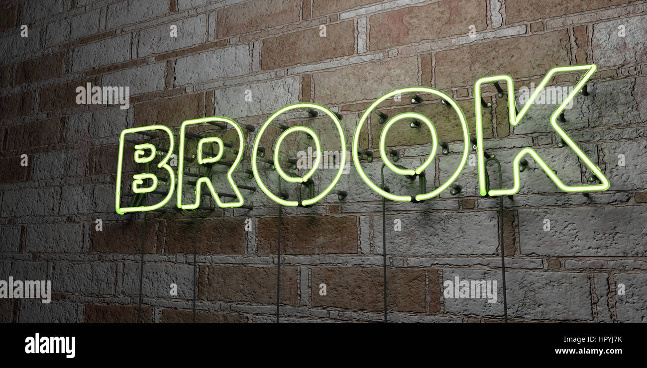 BROOK - Glowing Neon Sign on stonework wall - 3D rendered royalty free ...