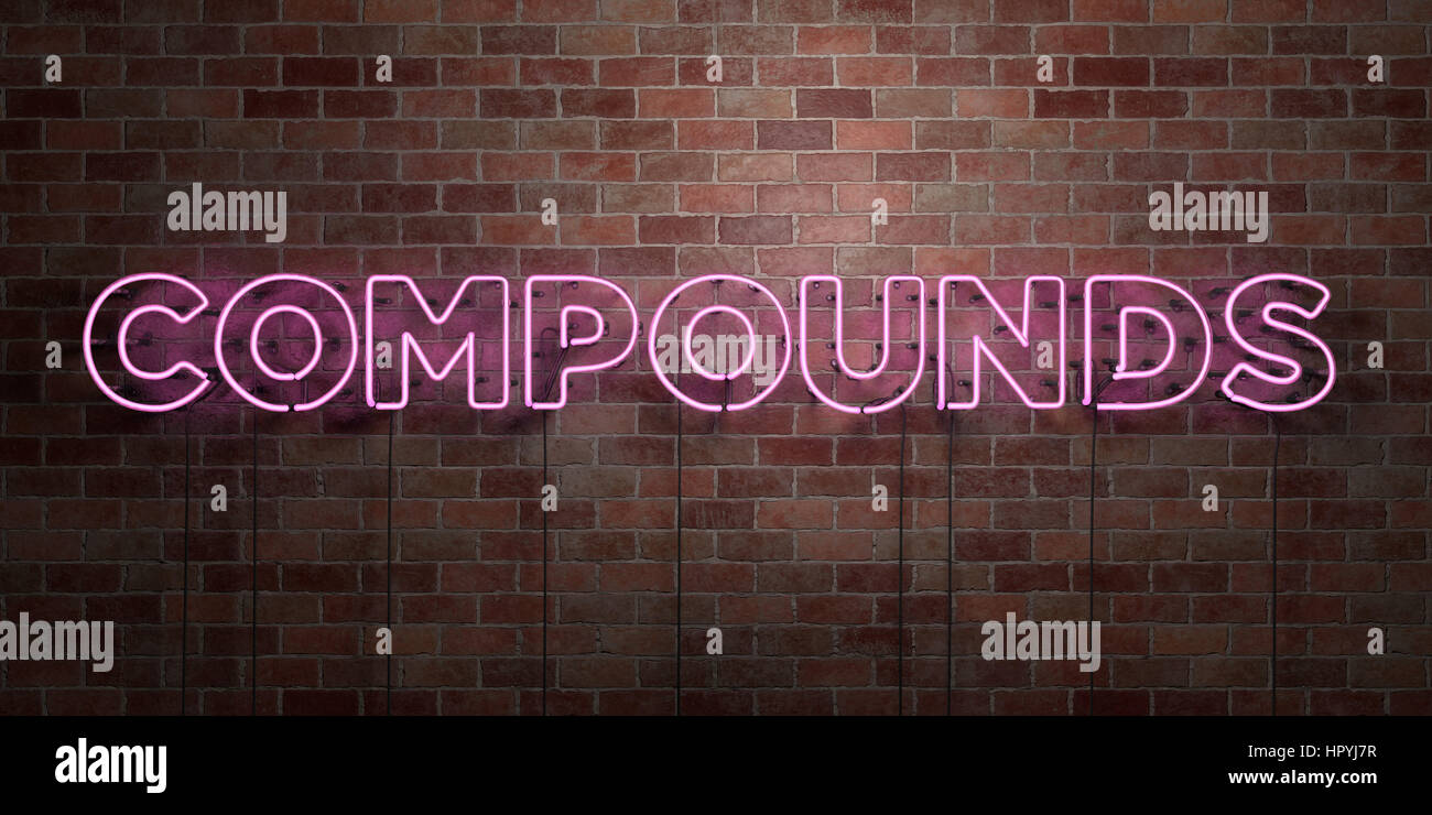 COMPOUNDS - fluorescent Neon tube Sign on brickwork - Front view - 3D ...