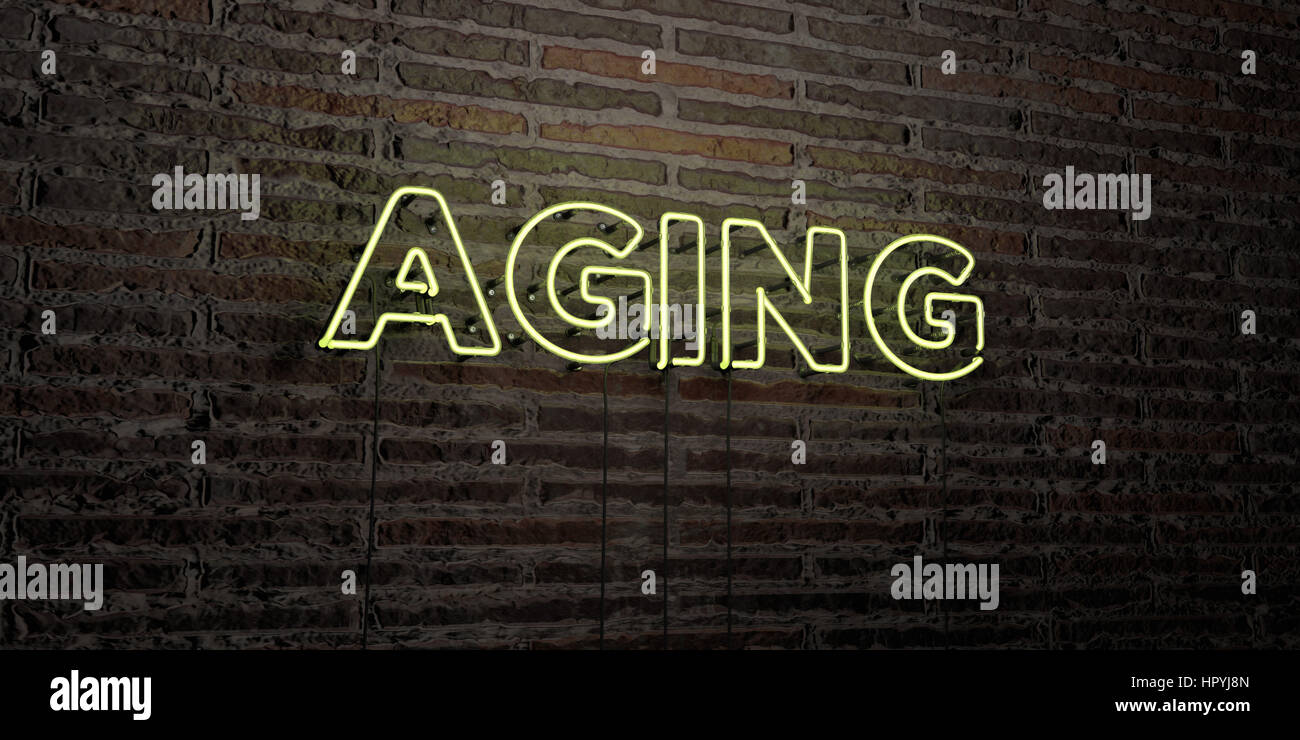 AGING -Realistic Neon Sign on Brick Wall background - 3D rendered ...