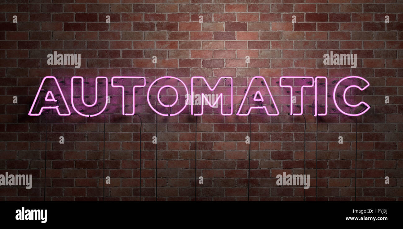 AUTOMATIC - fluorescent Neon tube Sign on brickwork - Front view - 3D ...