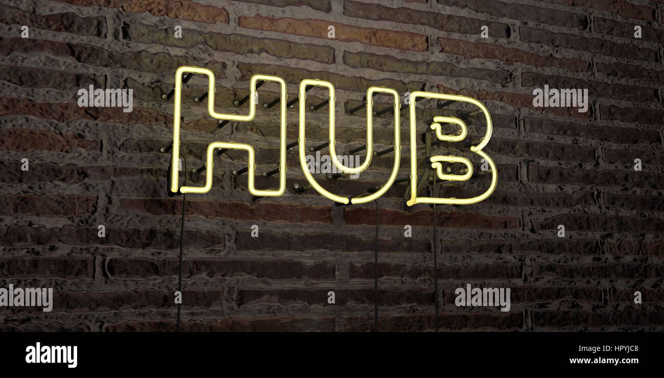 HUB -Realistic Neon Sign on Brick Wall background - 3D rendered royalty ...