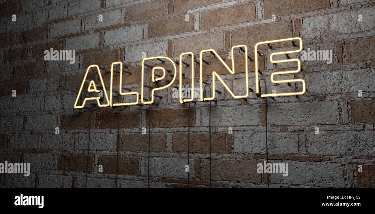 ALPINE - Glowing Neon Sign on stonework wall - 3D rendered royalty free ...