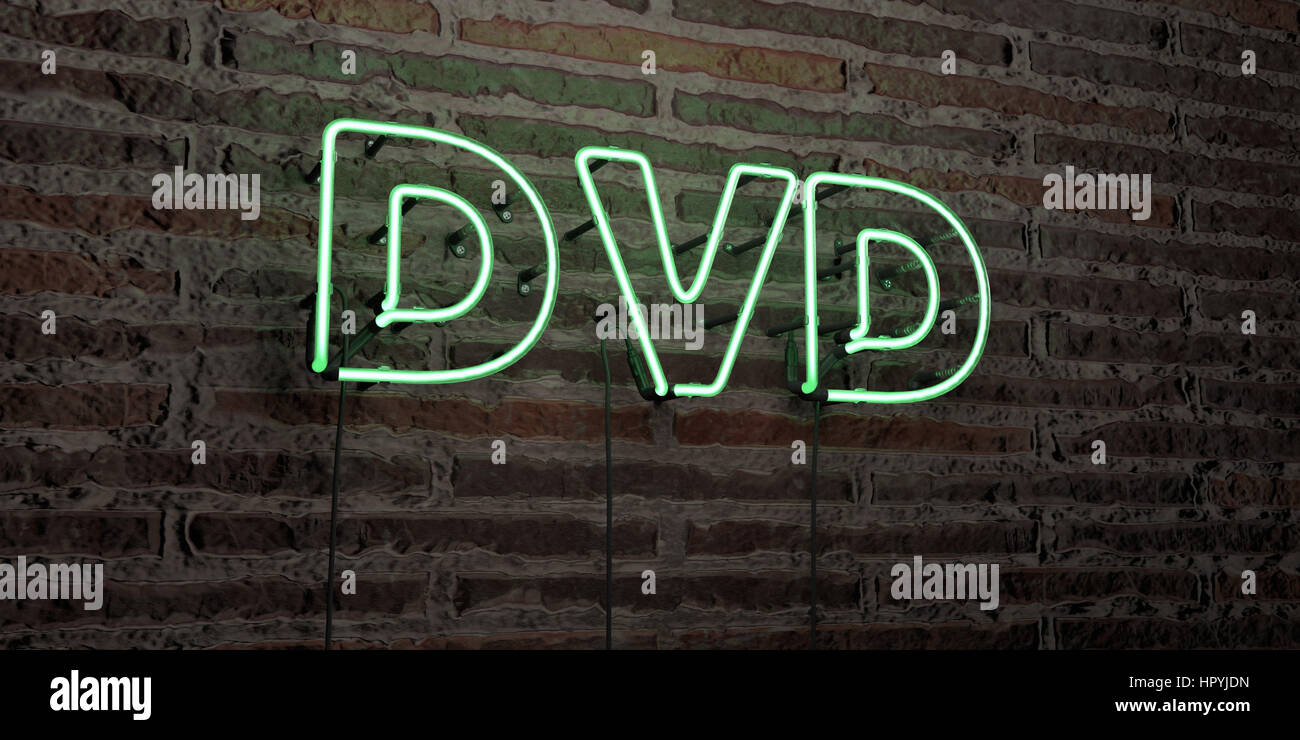 DVD -Realistic Neon Sign on Brick Wall background - 3D rendered royalty ...