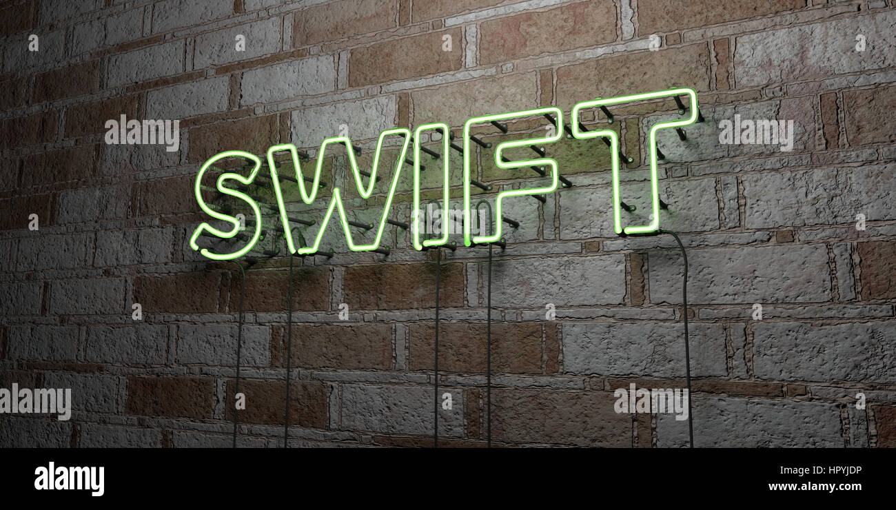 SWIFT - Glowing Neon Sign on stonework wall - 3D rendered royalty free ...