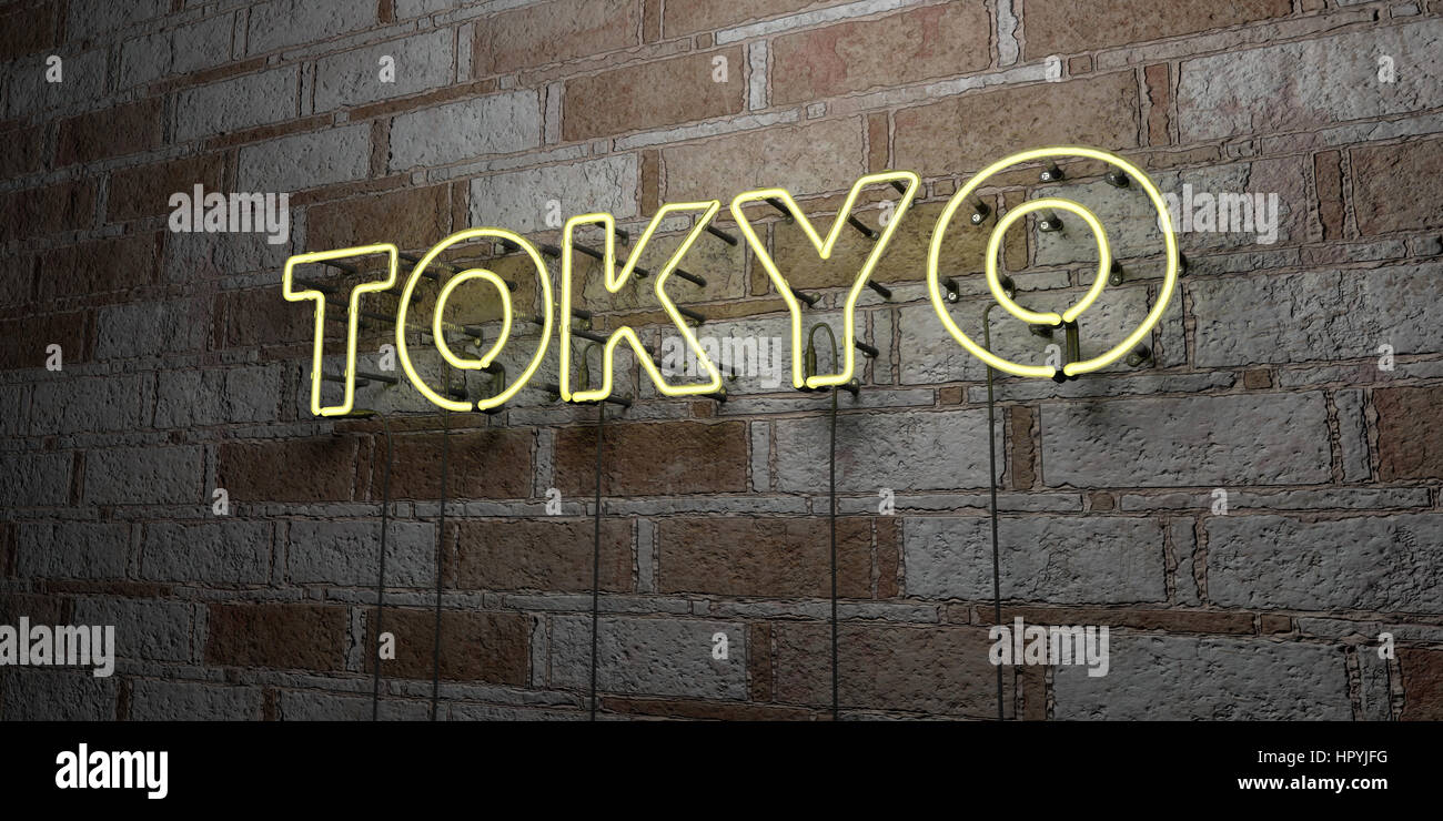 TOKYO - Glowing Neon Sign on stonework wall - 3D rendered royalty free ...