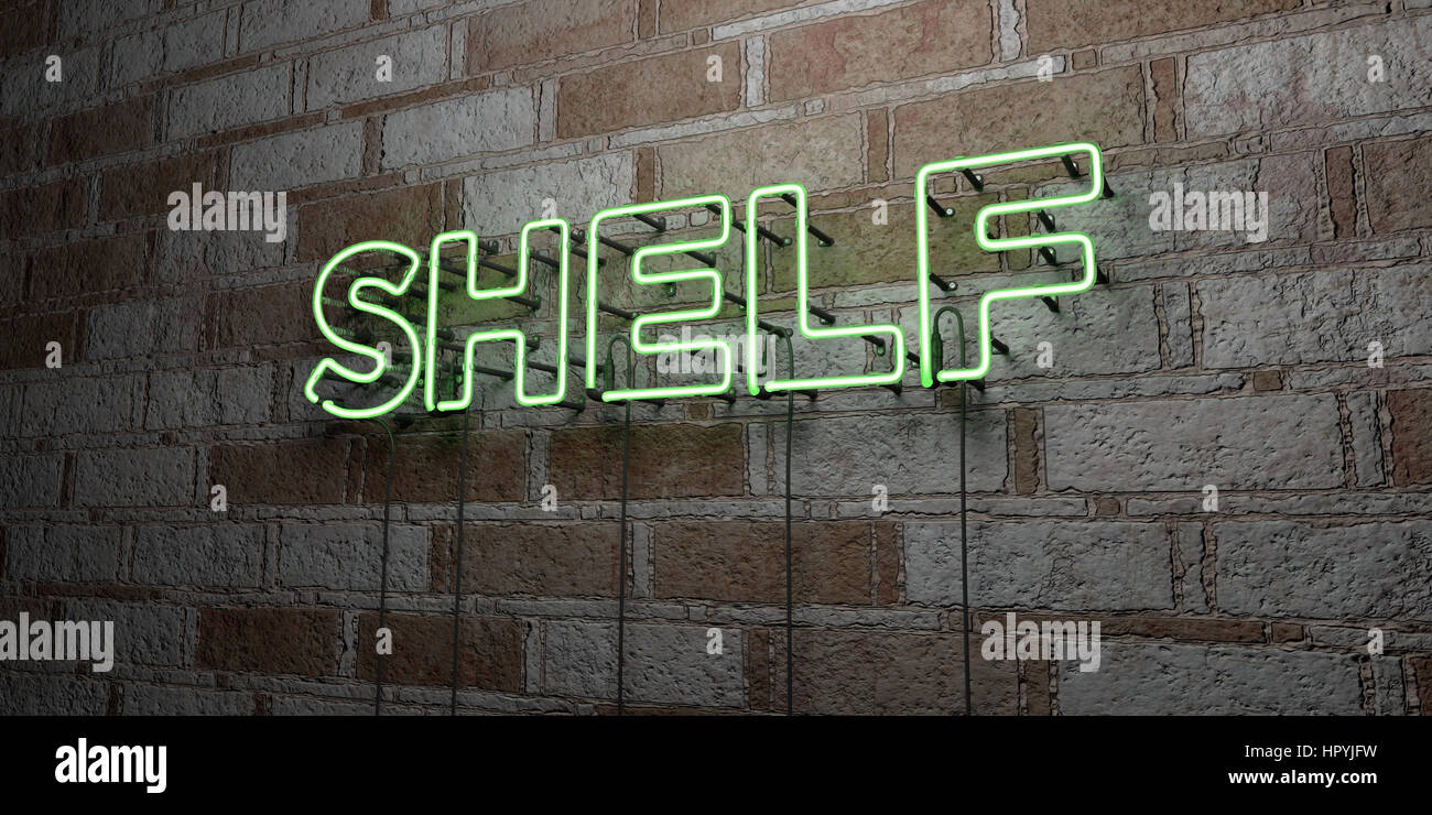 SHELF - Glowing Neon Sign on stonework wall - 3D rendered royalty free ...