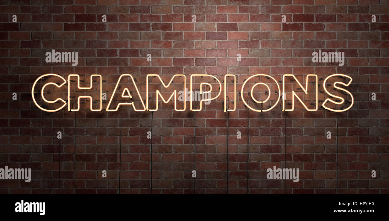 CHAMPIONS - fluorescent Neon tube Sign on brickwork - Front view - 3D ...