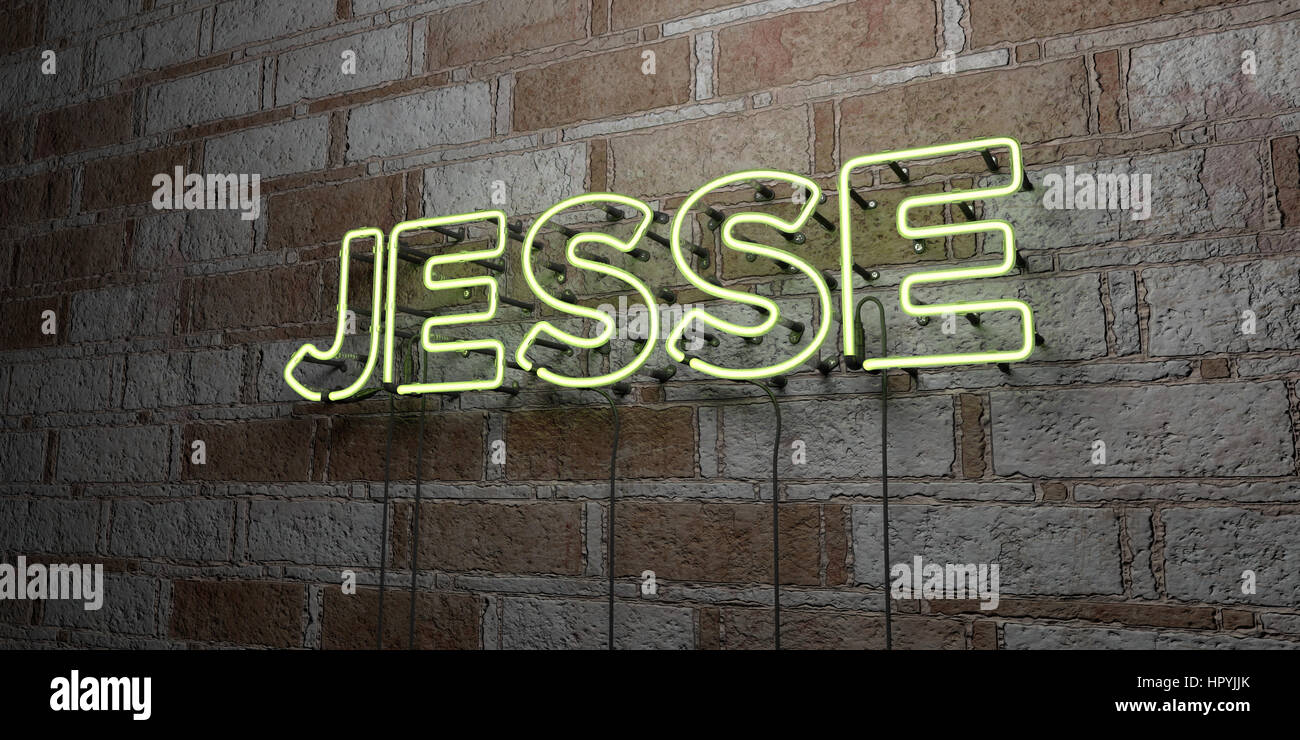 JESSE - Glowing Neon Sign on stonework wall - 3D rendered royalty free ...