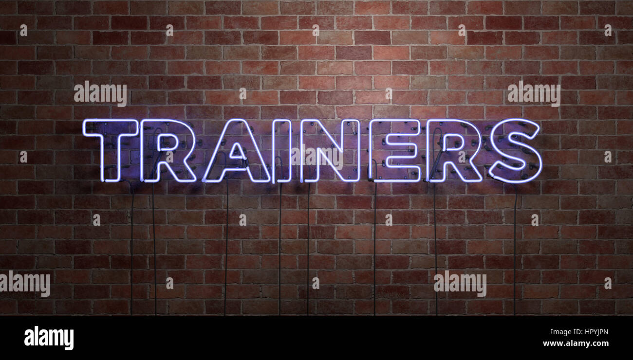 TRAINERS - fluorescent Neon tube Sign on brickwork - Front view - 3D ...