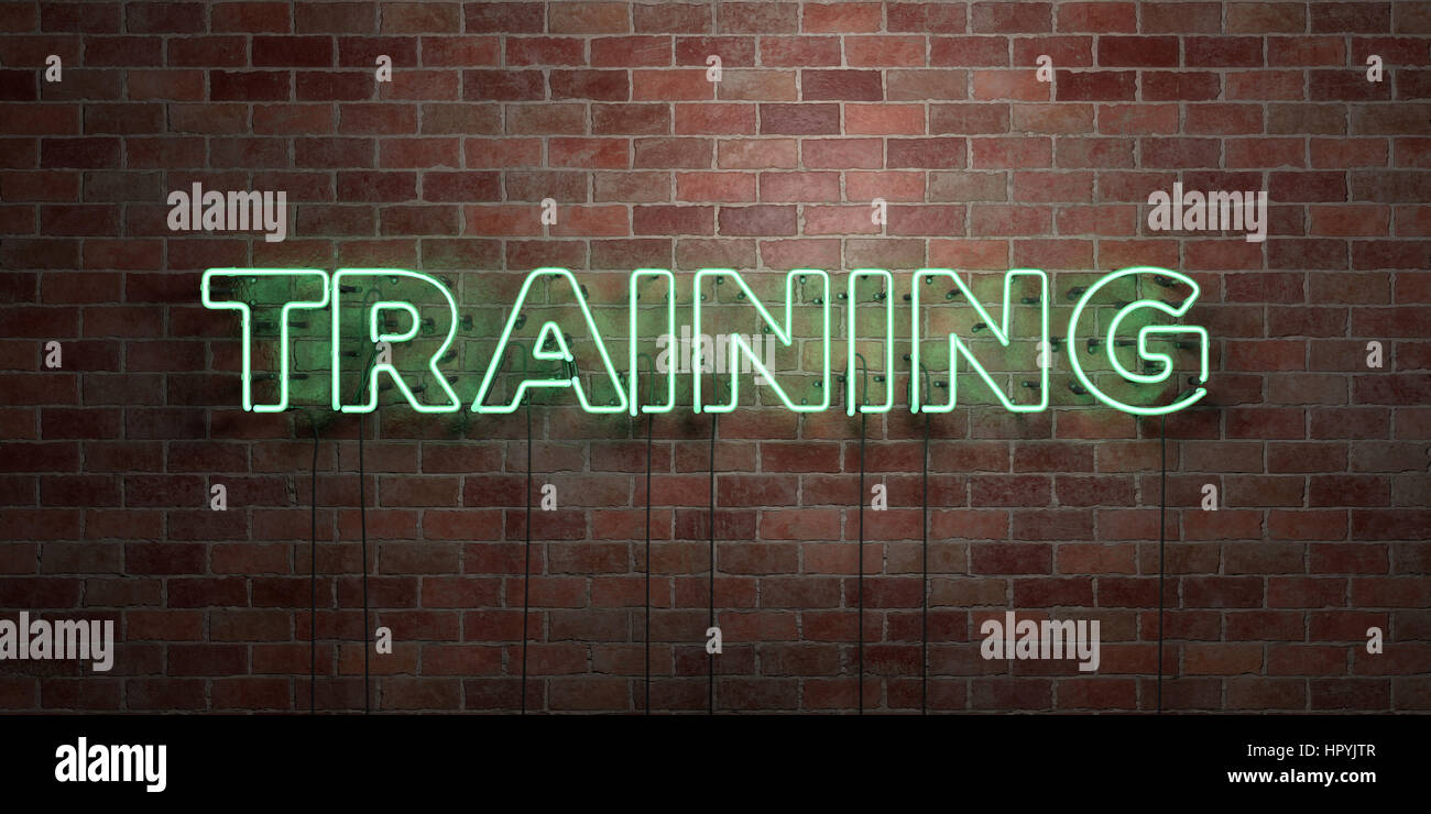 TRAINING - fluorescent Neon tube Sign on brickwork - Front view - 3D ...
