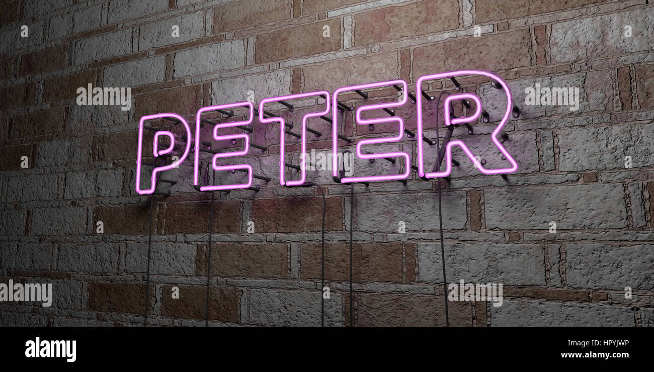 PETER - Glowing Neon Sign on stonework wall - 3D rendered royalty free ...