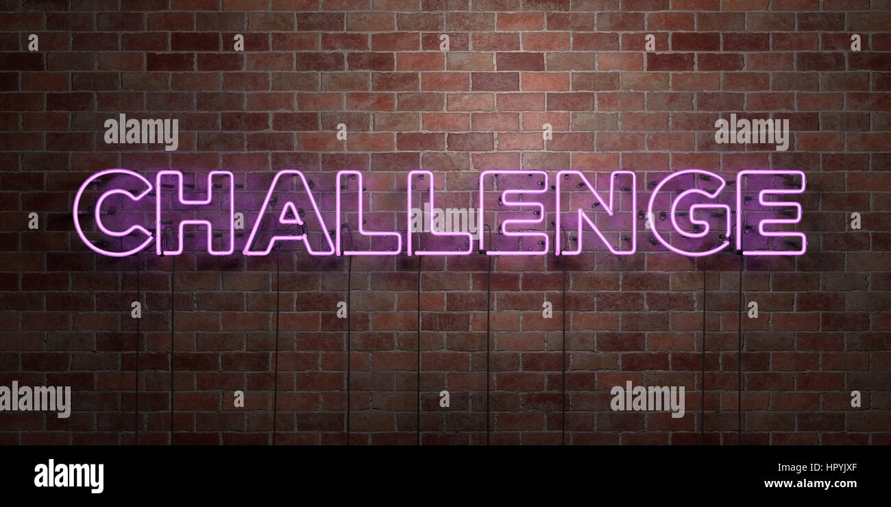 CHALLENGE - fluorescent Neon tube Sign on brickwork - Front view - 3D ...