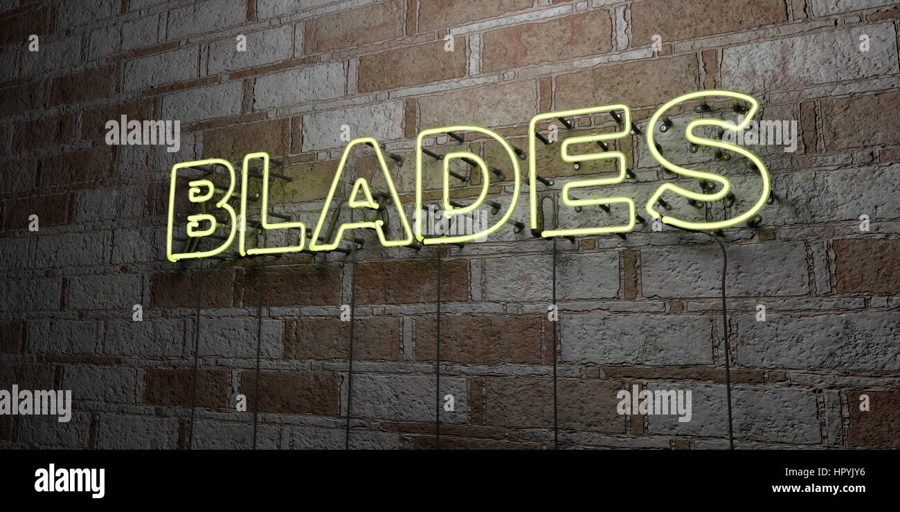 BLADES - Glowing Neon Sign on stonework wall - 3D rendered royalty free ...