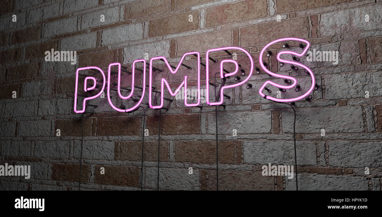PUMPS - Glowing Neon Sign on stonework wall - 3D rendered royalty free ...