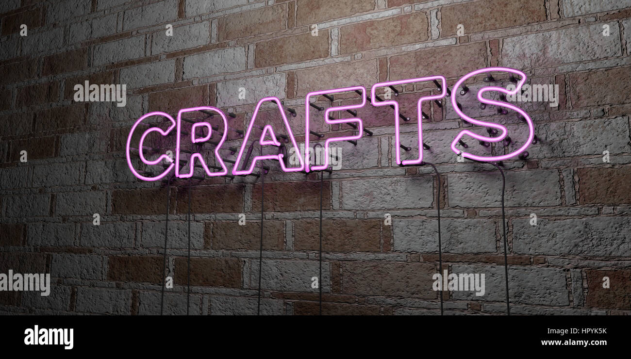 CRAFTS - Glowing Neon Sign on stonework wall - 3D rendered royalty free ...