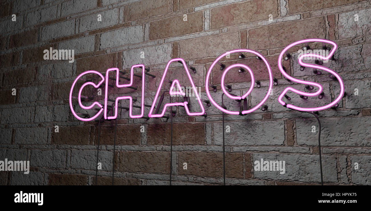 CHAOS - Glowing Neon Sign on stonework wall - 3D rendered royalty free ...