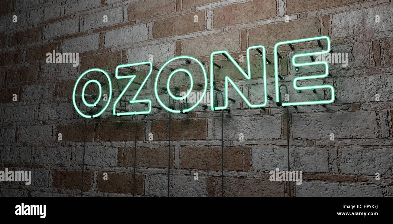 OZONE - Glowing Neon Sign on stonework wall - 3D rendered royalty free ...