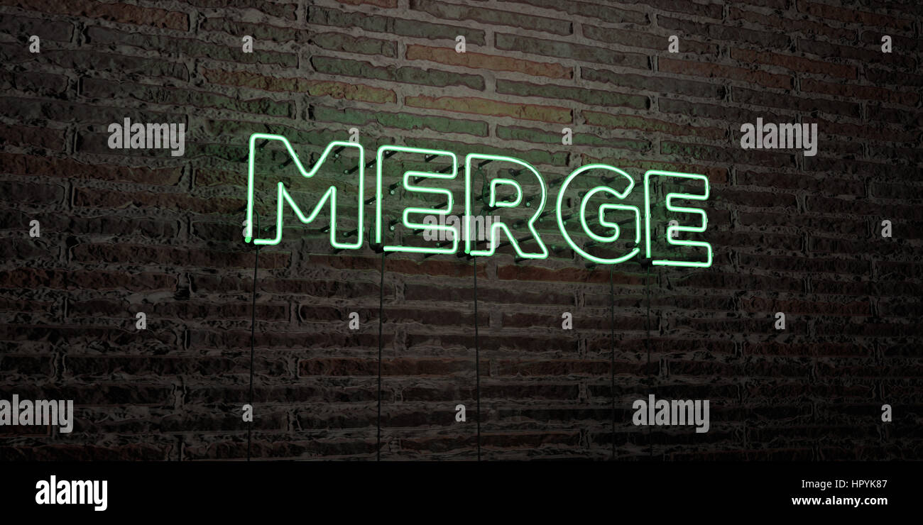 MERGE -Realistic Neon Sign on Brick Wall background - 3D rendered ...