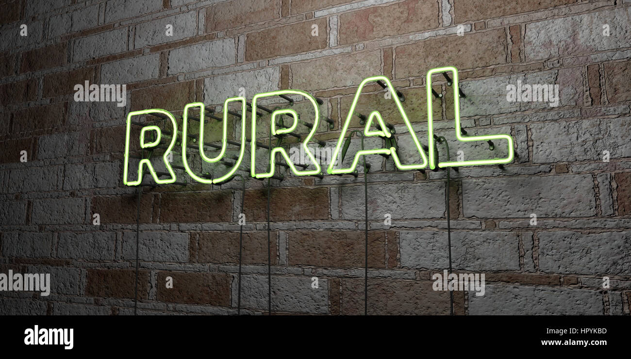 RURAL - Glowing Neon Sign on stonework wall - 3D rendered royalty free ...