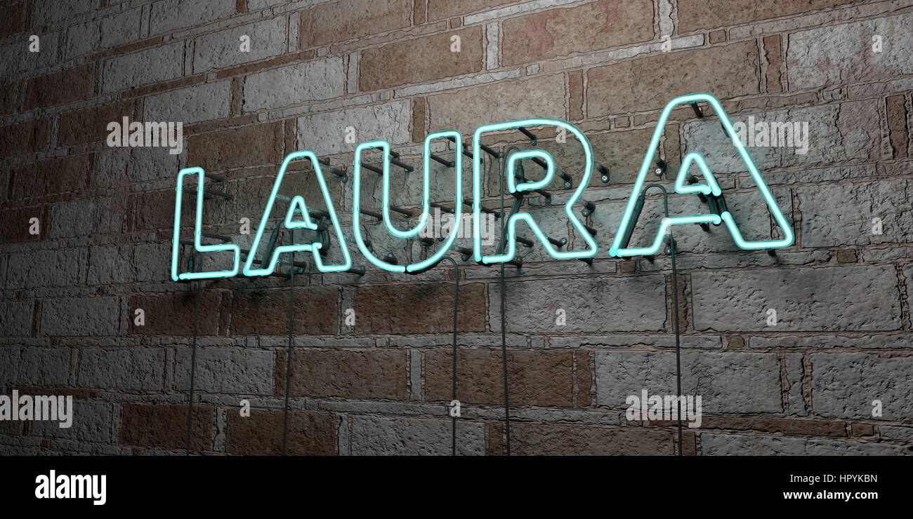 LAURA - Glowing Neon Sign on stonework wall - 3D rendered royalty free ...