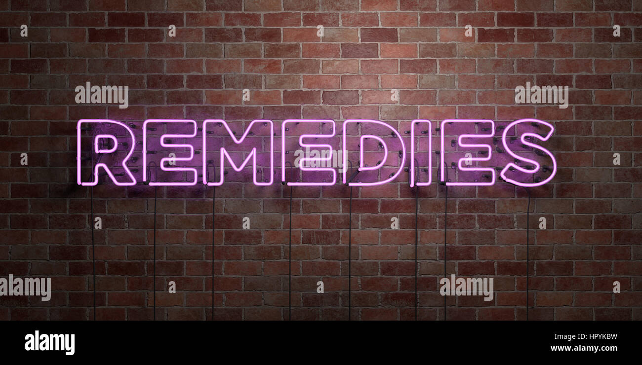 REMEDIES - fluorescent Neon tube Sign on brickwork - Front view - 3D ...