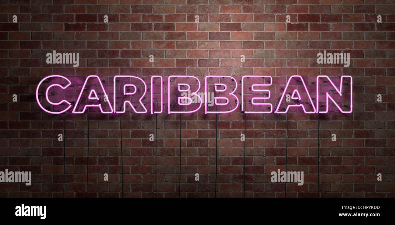 CARIBBEAN - fluorescent Neon tube Sign on brickwork - Front view - 3D ...