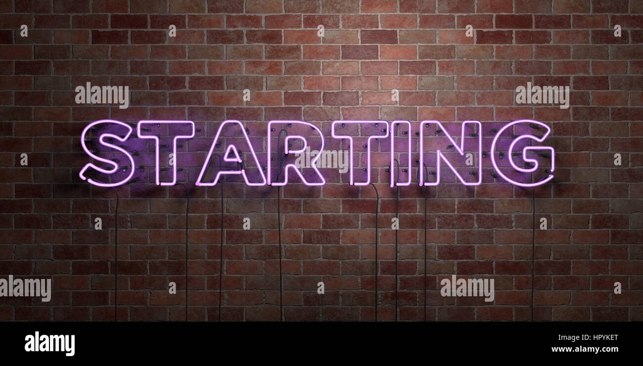 STARTING - fluorescent Neon tube Sign on brickwork - Front view - 3D ...