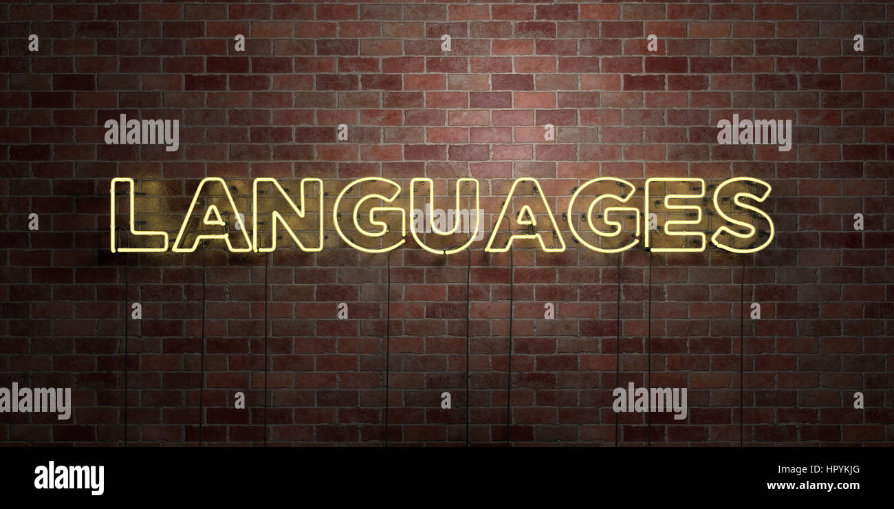 LANGUAGES - fluorescent Neon tube Sign on brickwork - Front view - 3D rendered royalty free ...
