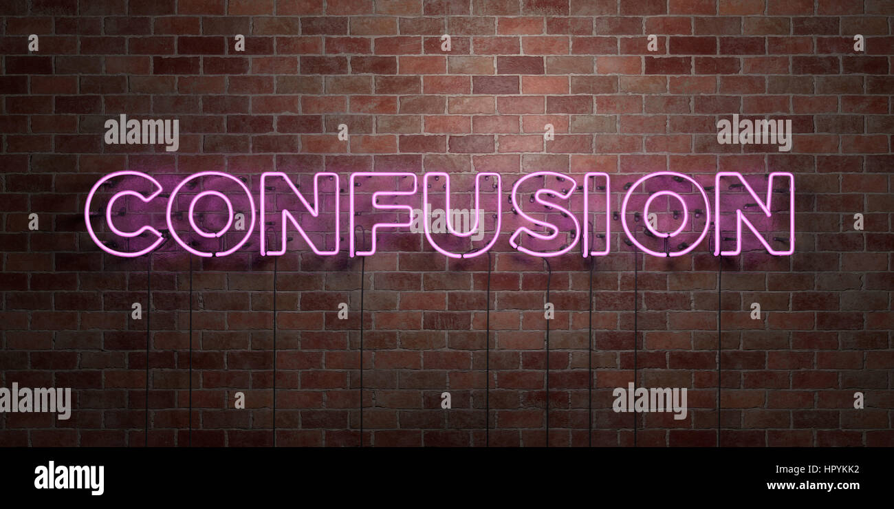 CONFUSION - fluorescent Neon tube Sign on brickwork - Front view - 3D ...