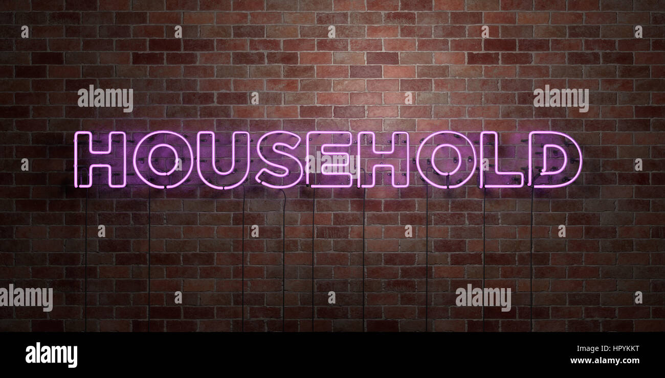 HOUSEHOLD - fluorescent Neon tube Sign on brickwork - Front view - 3D ...