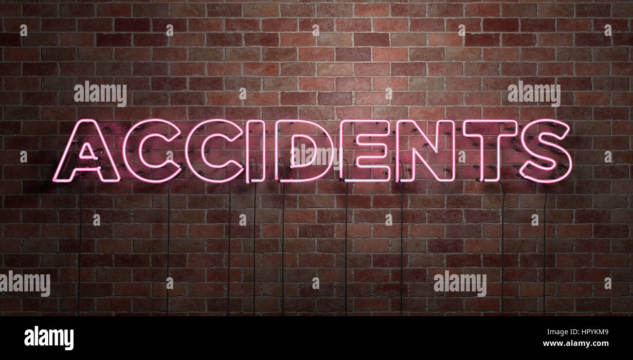 ACCIDENTS - fluorescent Neon tube Sign on brickwork - Front view - 3D ...
