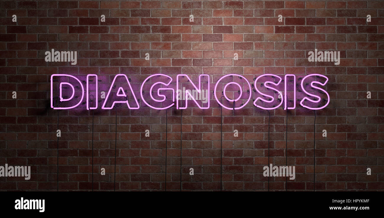 DIAGNOSIS - fluorescent Neon tube Sign on brickwork - Front view - 3D ...