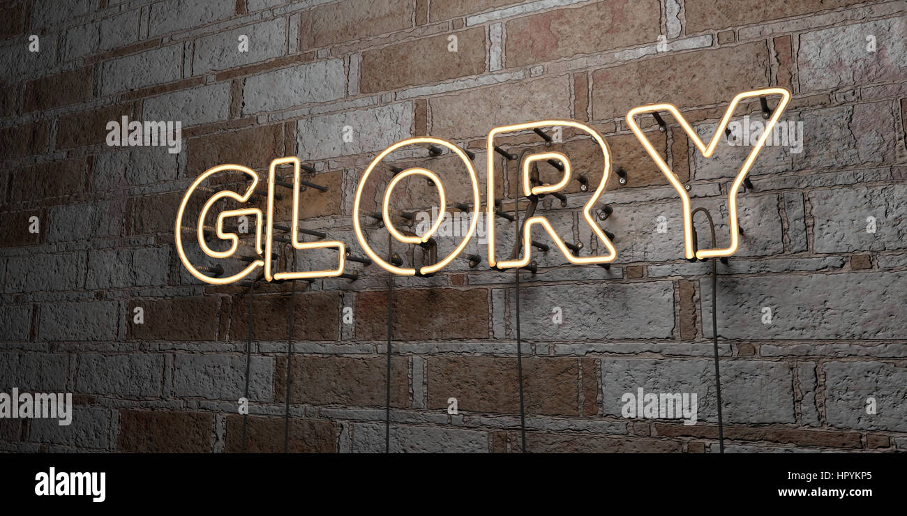 GLORY - Glowing Neon Sign on stonework wall - 3D rendered royalty free ...