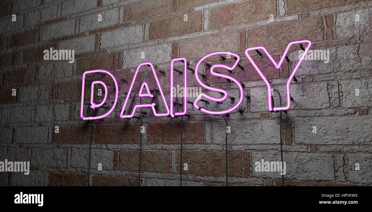 DAISY - Glowing Neon Sign on stonework wall - 3D rendered royalty free ...