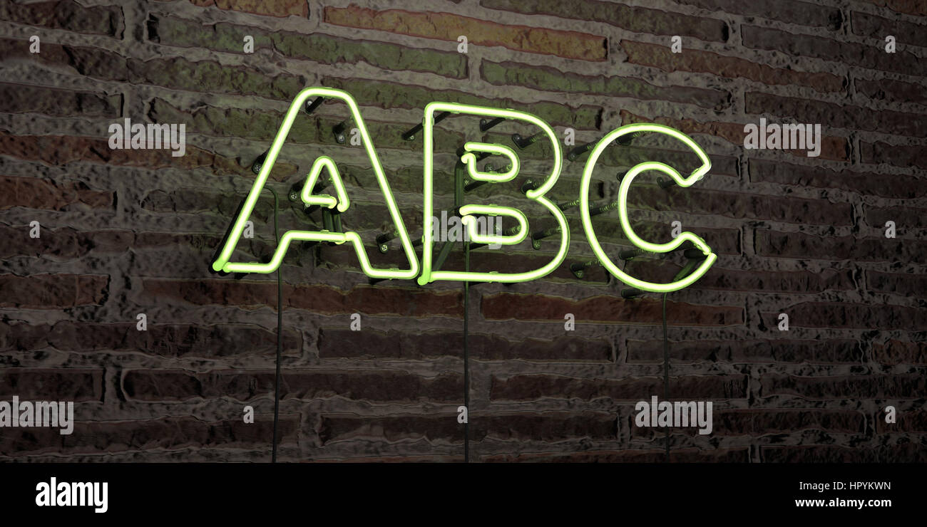 ABC -Realistic Neon Sign on Brick Wall background - 3D rendered royalty ...