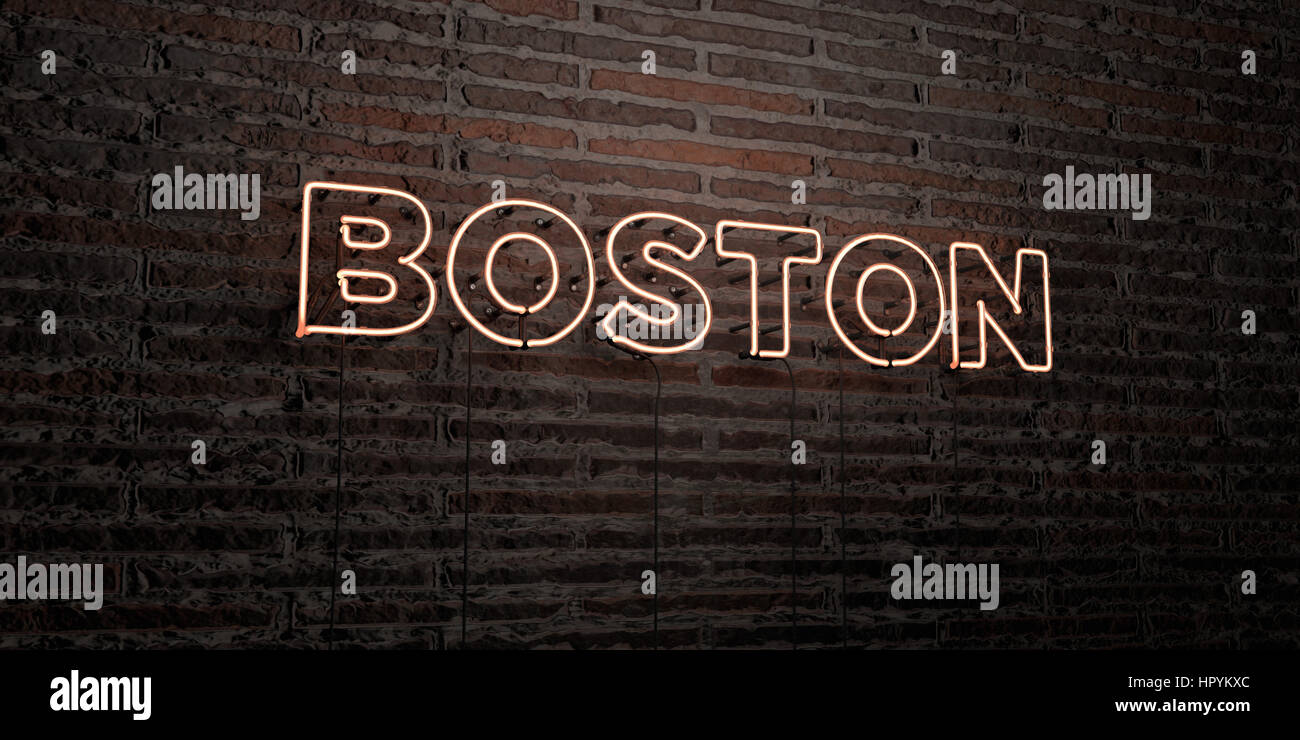 BOSTON -Realistic Neon Sign on Brick Wall background - 3D rendered ...