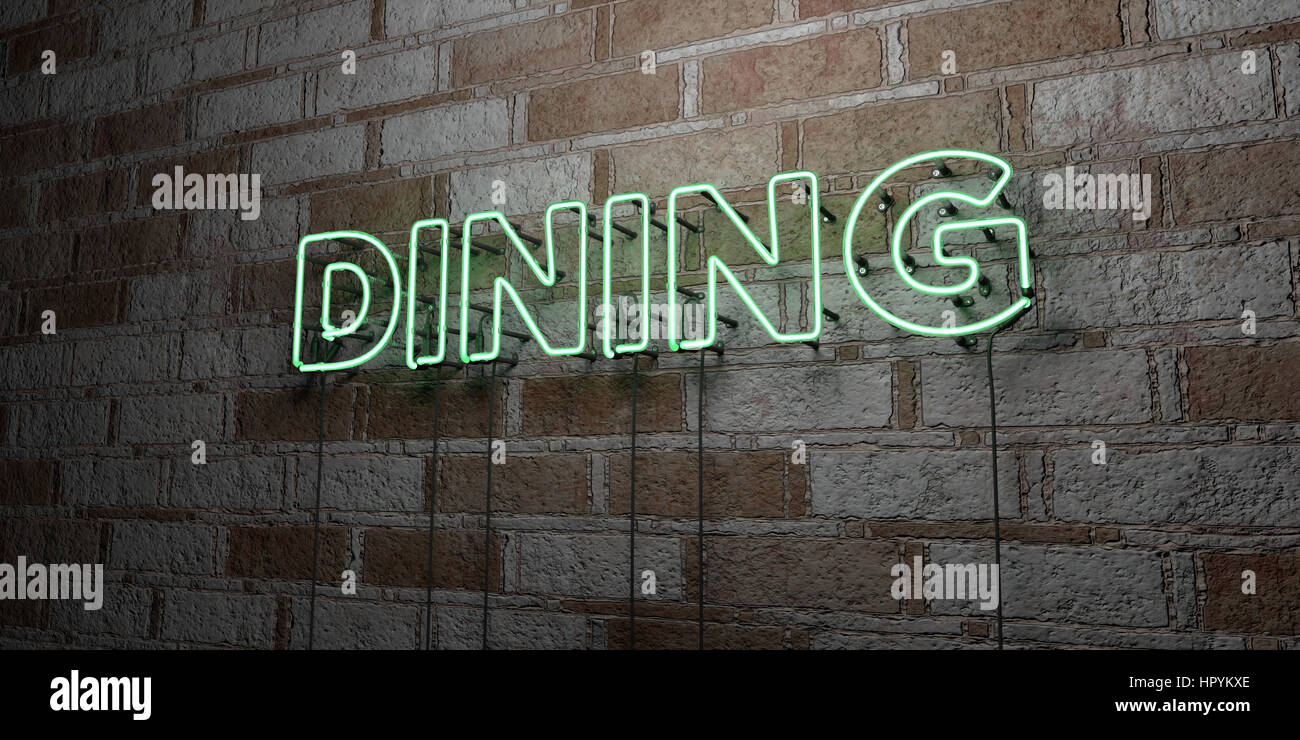 DINING - Glowing Neon Sign on stonework wall - 3D rendered royalty free ...