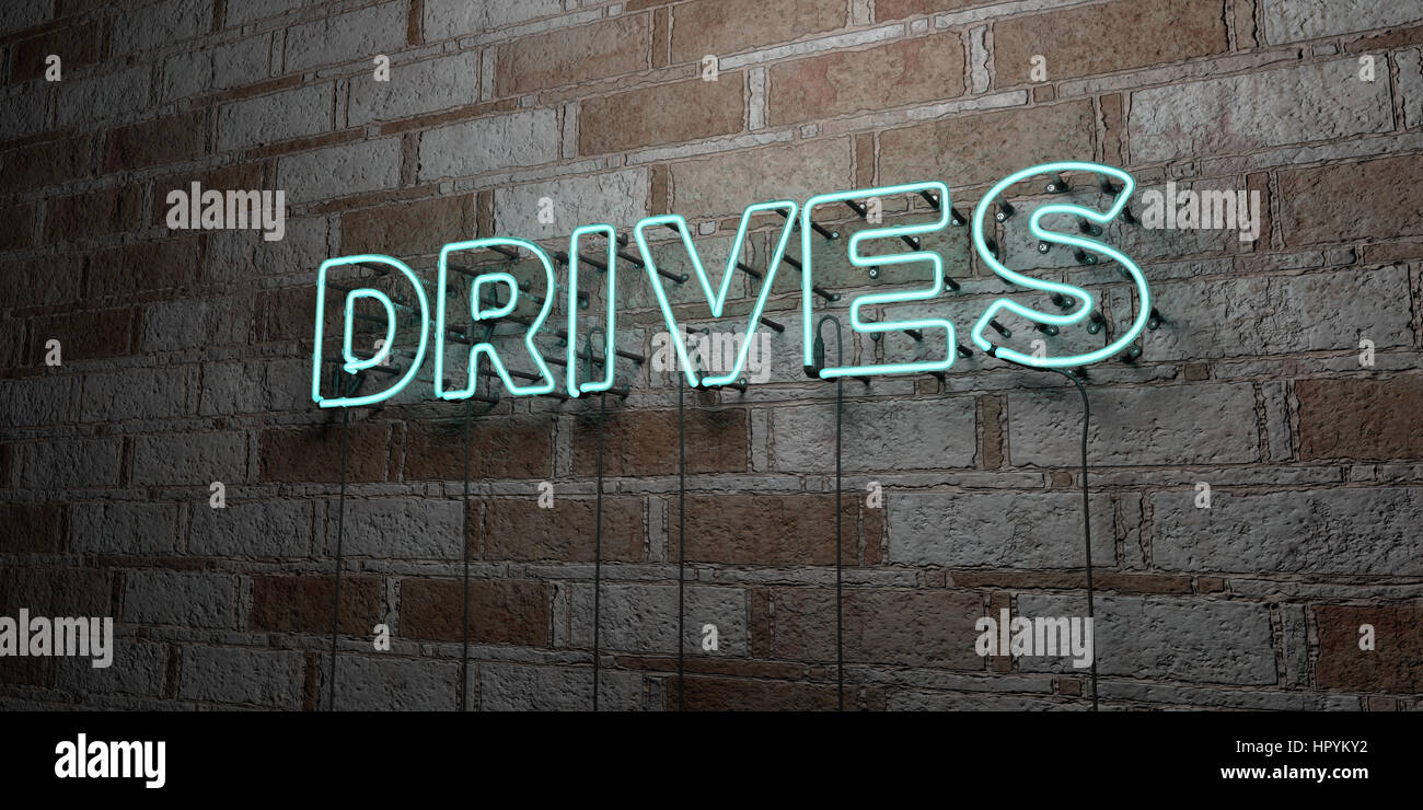 DRIVES - Glowing Neon Sign on stonework wall - 3D rendered royalty free ...