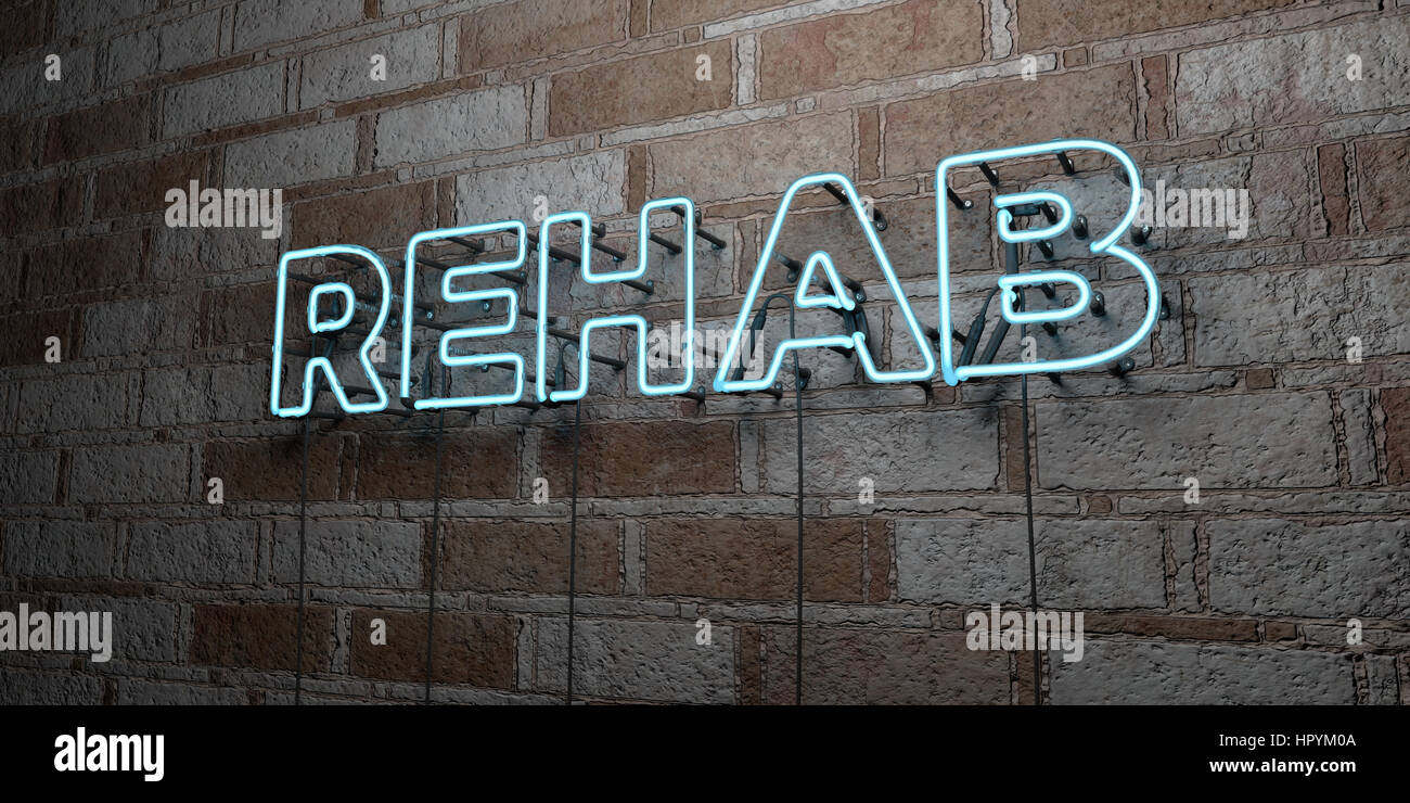 REHAB - Glowing Neon Sign on stonework wall - 3D rendered royalty free ...