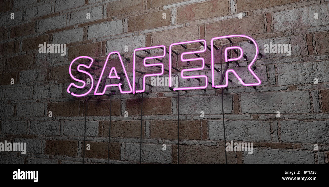 SAFER - Glowing Neon Sign on stonework wall - 3D rendered royalty free stock illustration. Can ...