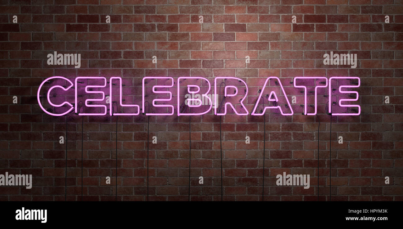 CELEBRATE - fluorescent Neon tube Sign on brickwork - Front view - 3D ...