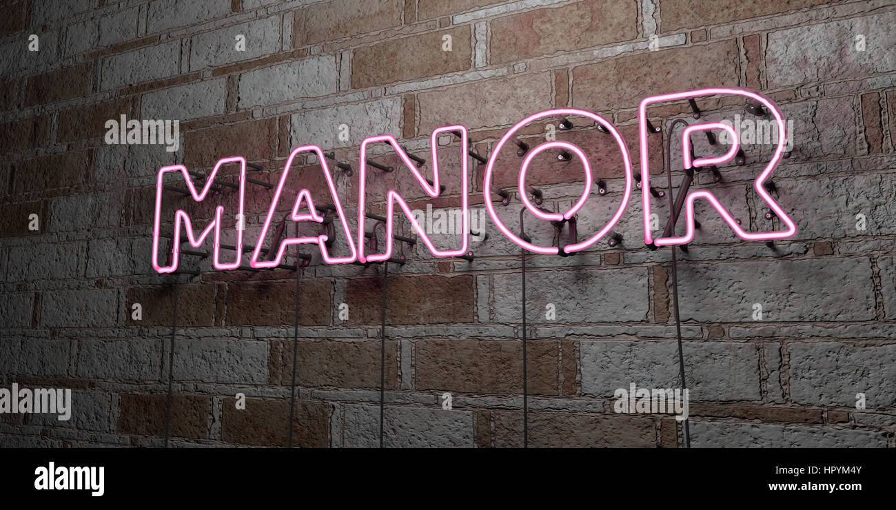 MANOR - Glowing Neon Sign on stonework wall - 3D rendered royalty free ...