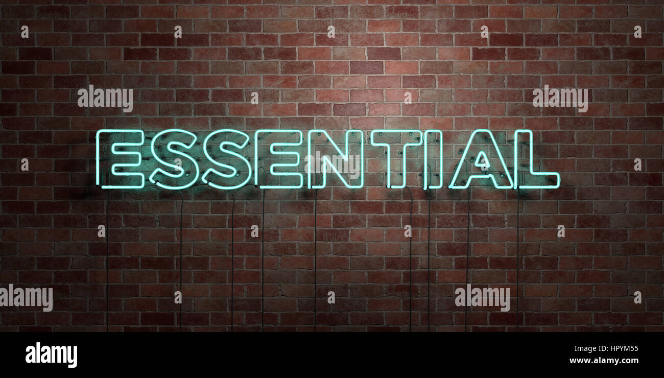 ESSENTIAL - fluorescent Neon tube Sign on brickwork - Front view - 3D ...