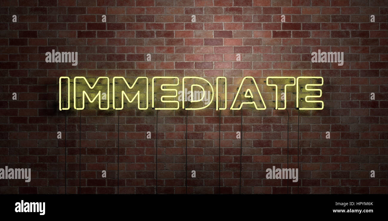 IMMEDIATE - fluorescent Neon tube Sign on brickwork - Front view - 3D ...