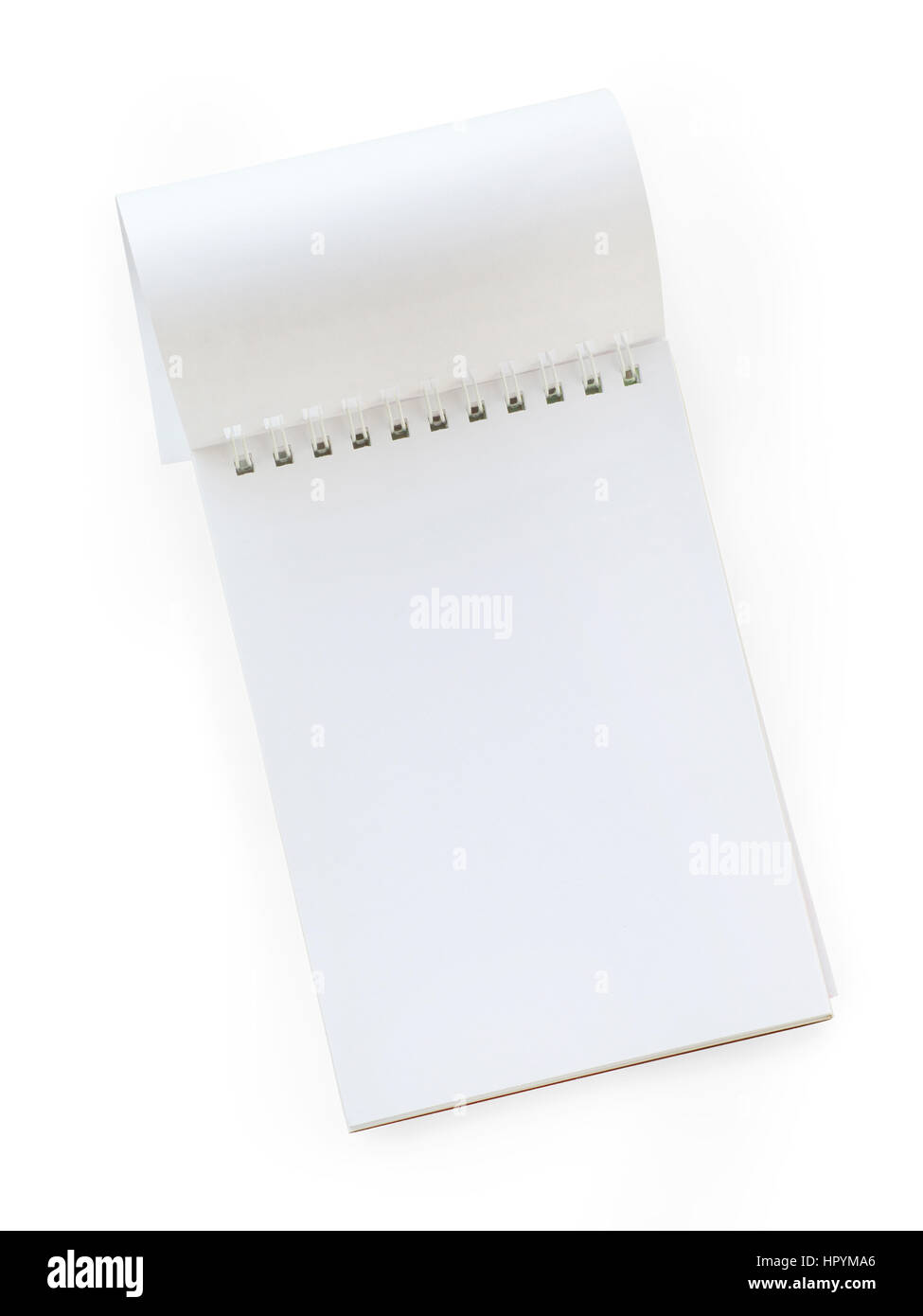Blank spiral notepad with turned page. Top view, isolated on white ...